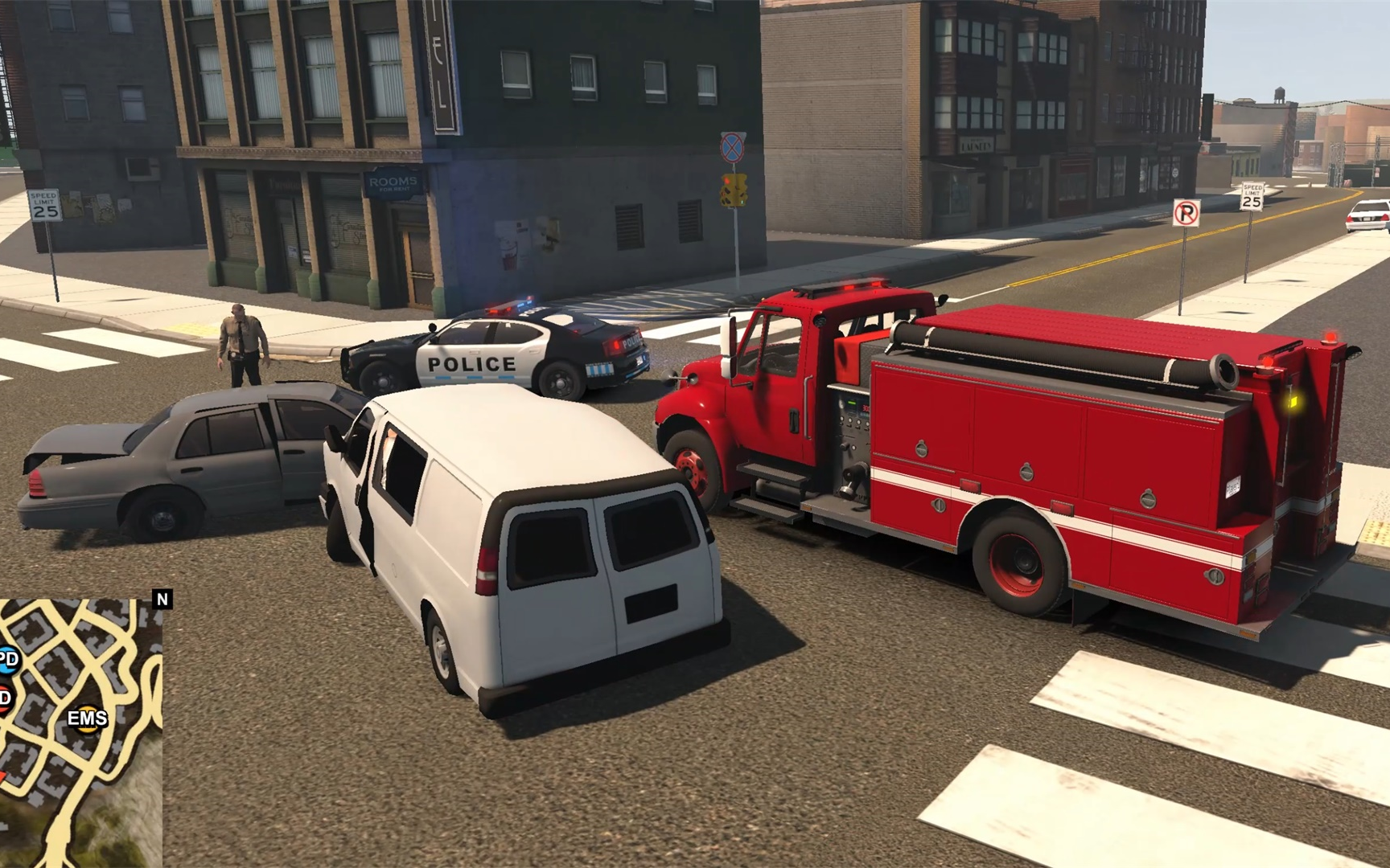 消防模拟:十字路口发生车祸 司机被卡在驾驶位