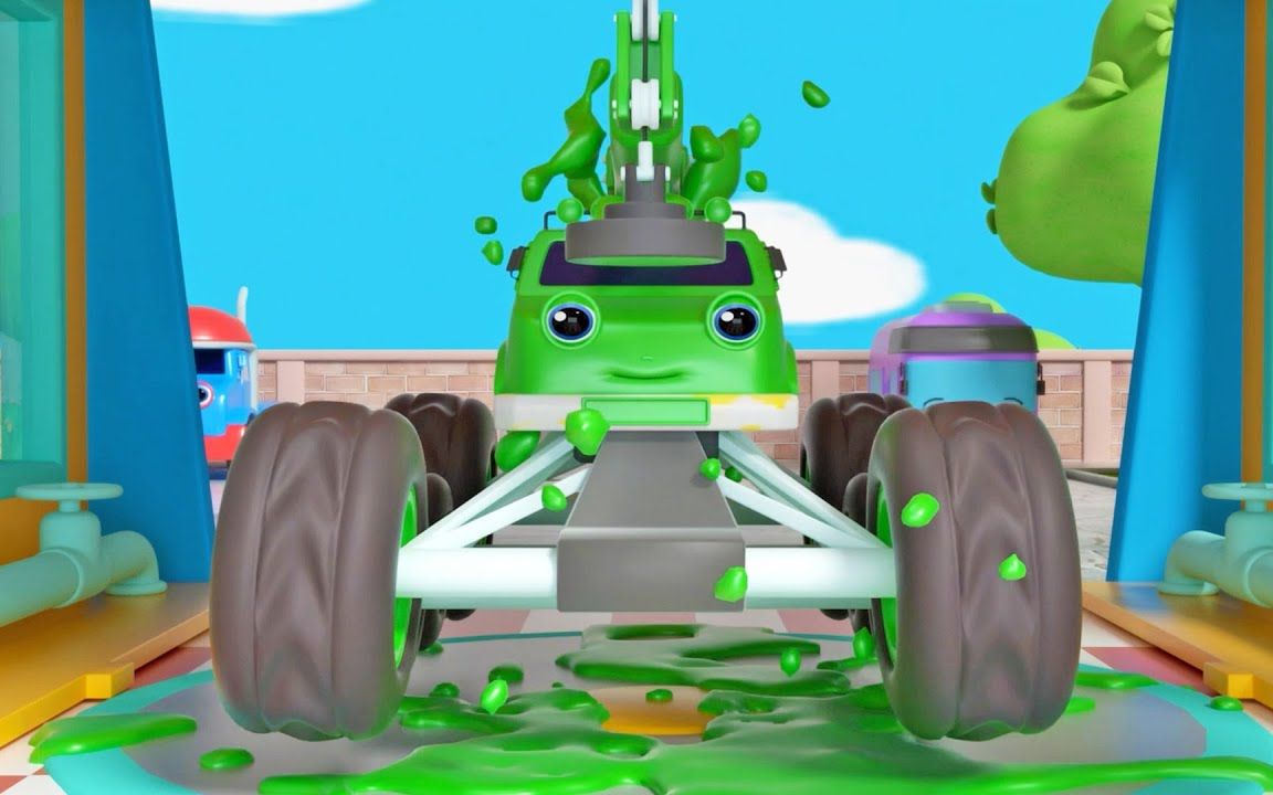 工程车动画:吊车在染色店弄成绿色