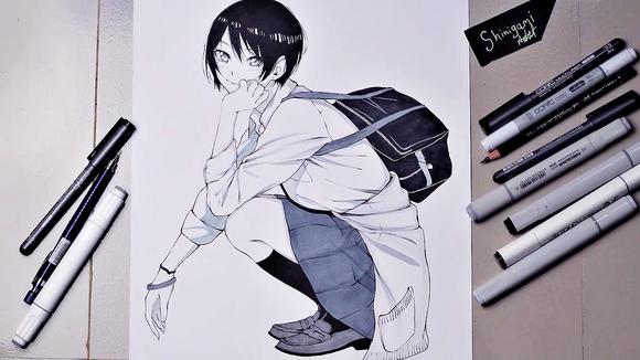围观职业漫画家绘制一张女高中生角色的漫画原稿!过程十分详细!
