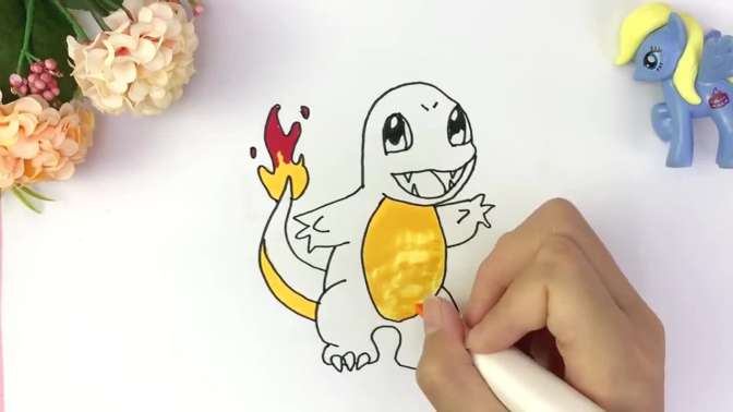 儿童涂鸦简笔画,给小火龙上色