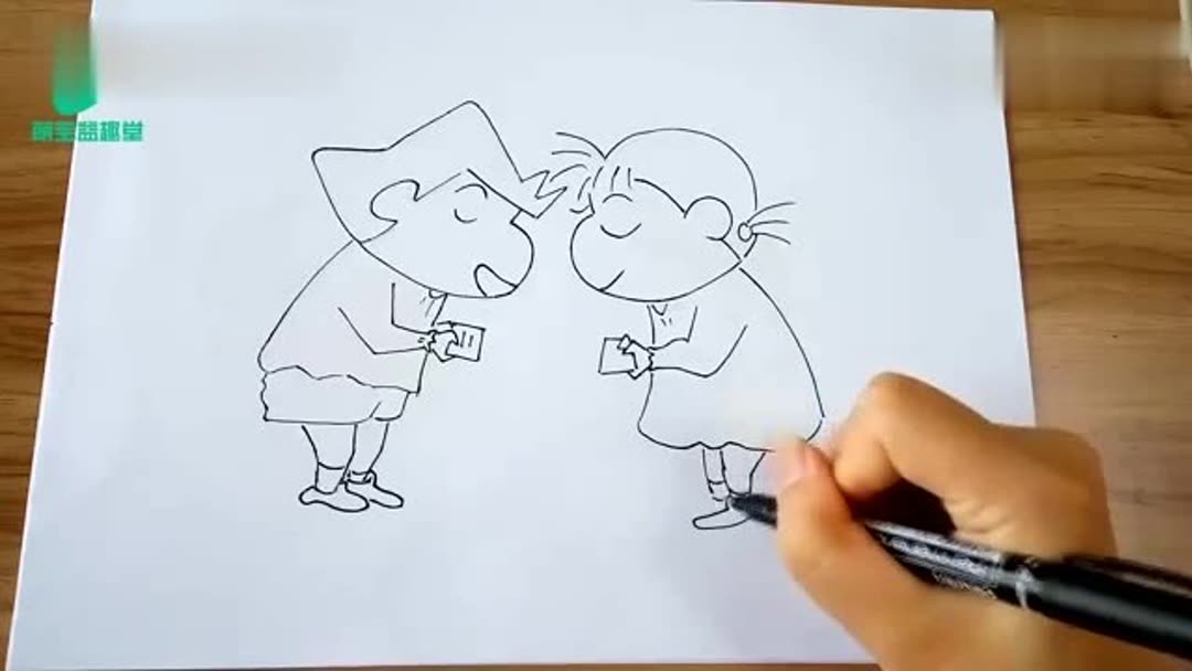 萌宝简笔画:妮妮和风间演示交换名片礼仪