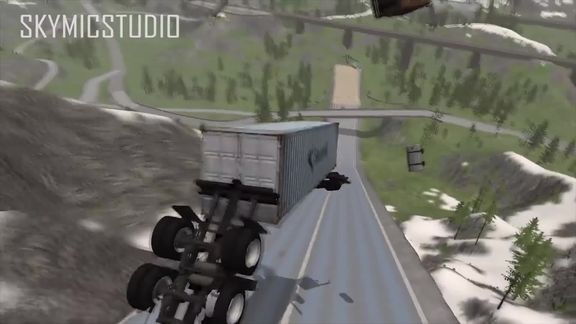 车祸模拟:大货车开足马力跳跃高空
