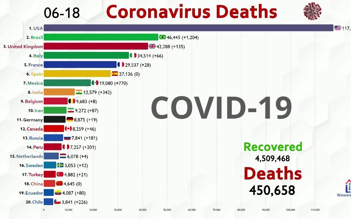 Top 20 疫情死亡人数最多国家 截止到6月18日