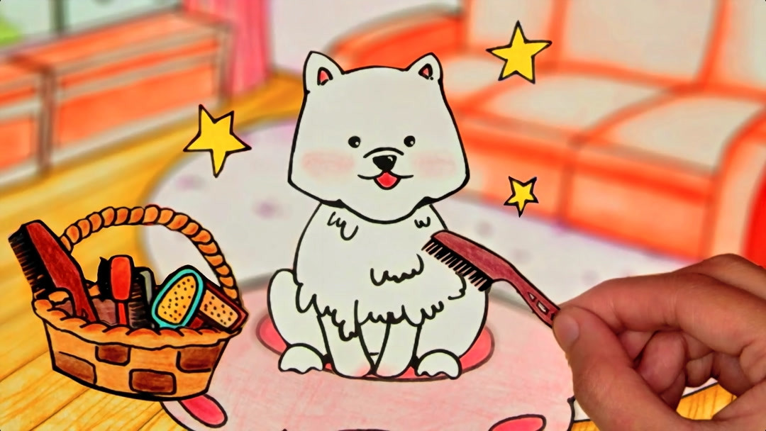 趣味纸动画:小美的宠物小狗玩的脏脏了,快给它好好洗个澡吧!