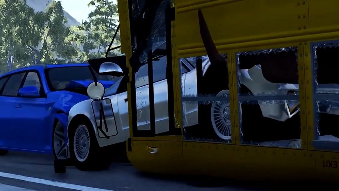 汽车实况模拟 汽车被两辆大车冲击相撞 压到严重变形