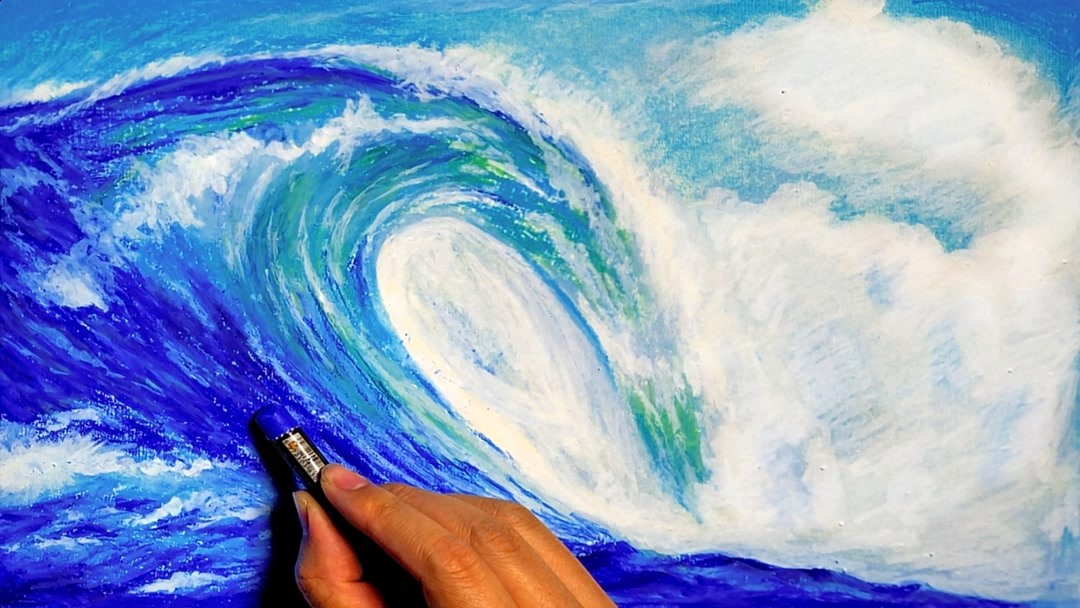 油画棒绘制波涛汹涌的大海