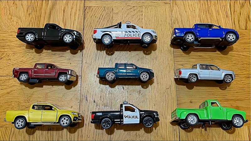 皮卡车玩具合集,在地板上展示不同的款式,仿真汽车玩具介绍