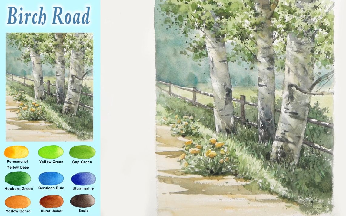 【水彩】水彩风景 - 桦木路