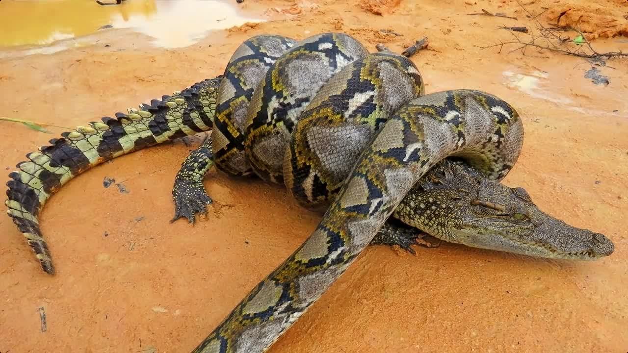 动物世界:巨蟒VS鳄鱼,一会时间的功夫,就连骨头都不剩!