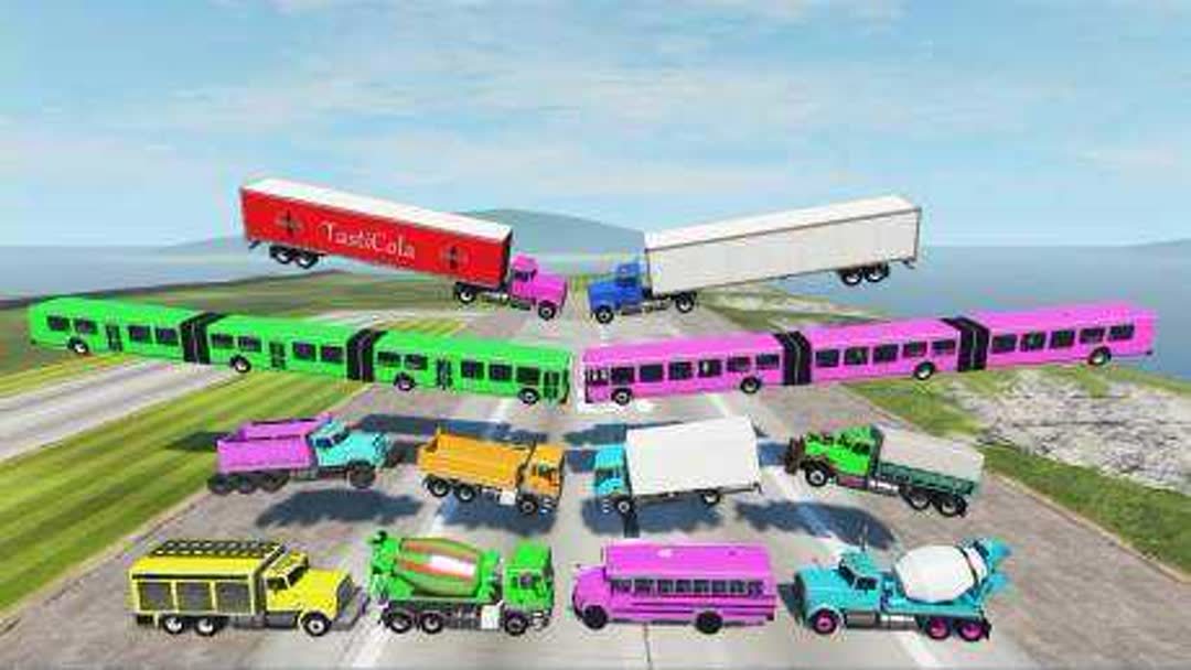 五彩校车,大巴车和搅拌车组团争先恐后玩跳跃特技,车祸模拟器