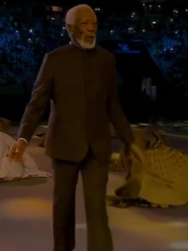 好莱坞巨星摩根出场卡塔尔世界杯开幕式与励志男孩对话