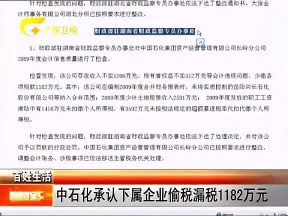 中石化承认下属企业偷税漏税1182万元