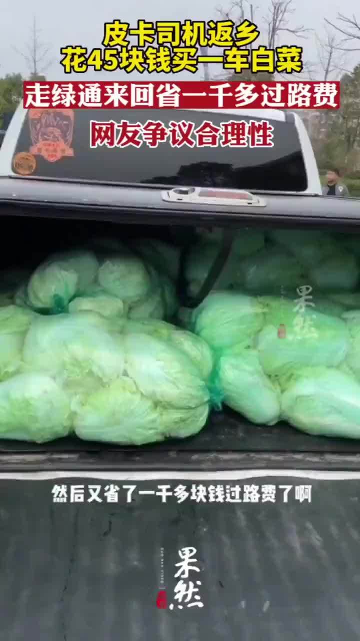 皮卡司机返乡花45块钱买一车白菜,走绿通来回省一千多过路费
