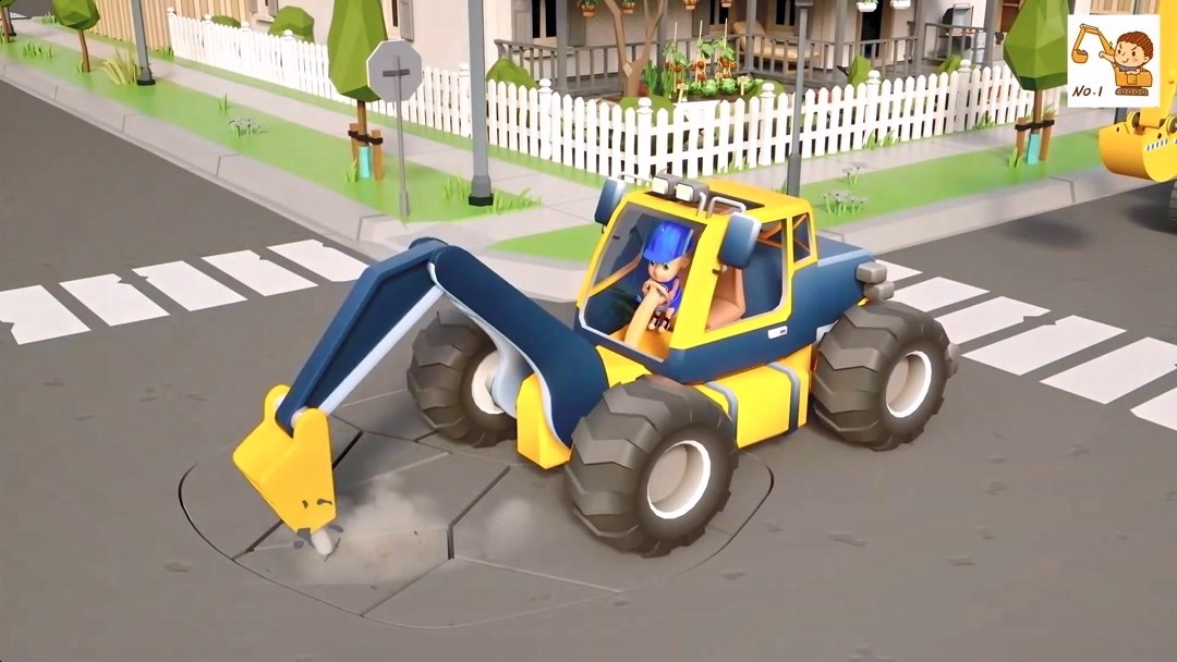 工程车施工动画,挖掘机、翻斗卡车、钻井机修复马路