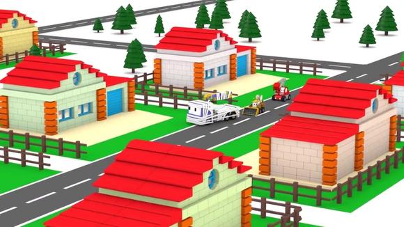 儿童益智动画:挖土车和小汽车们一起搭建漂亮的建筑,房子很漂亮