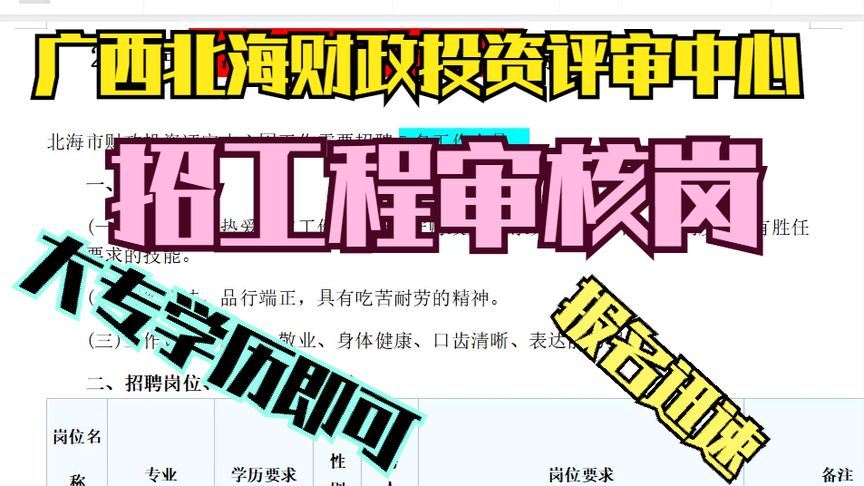 广西北海市财政投资评审中心招5名工程审核岗,大专学历即可