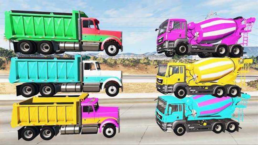 五彩油罐车,超长大巴车和卡车争先恐后开足马力相撞,车祸模拟器