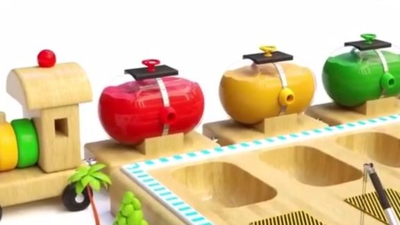 小火车拉着彩色水灌给水池注水汽车变彩色,儿童益智动画片