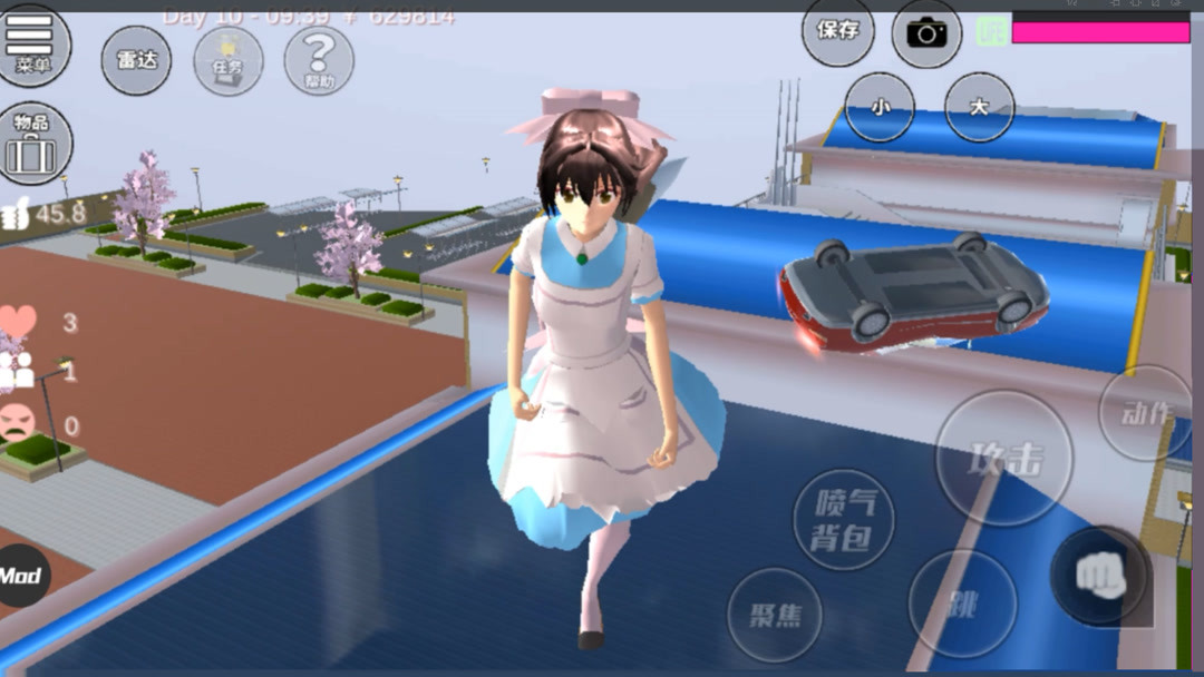 樱花校园模拟器:小夕变成巨人跑到学校把校长的车踢到楼顶上去了