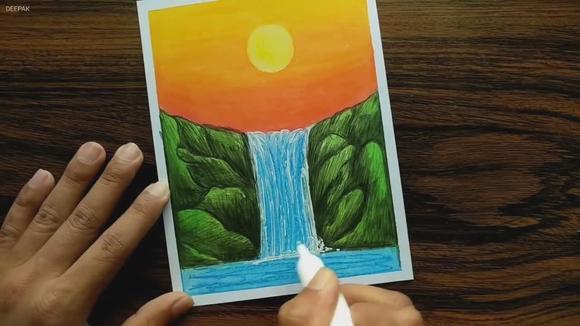 油画棒手绘风景画,漂亮的瀑布 美丽的夕阳 飞翔的海鸥