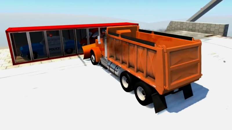 BeamNG:自卸卡车开足马力助推集装箱冲下楼梯,模拟真实车祸游戏