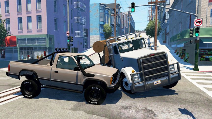 BeamNG:大货车和客车在十字路口来不及刹车相撞,车祸模拟(10)
