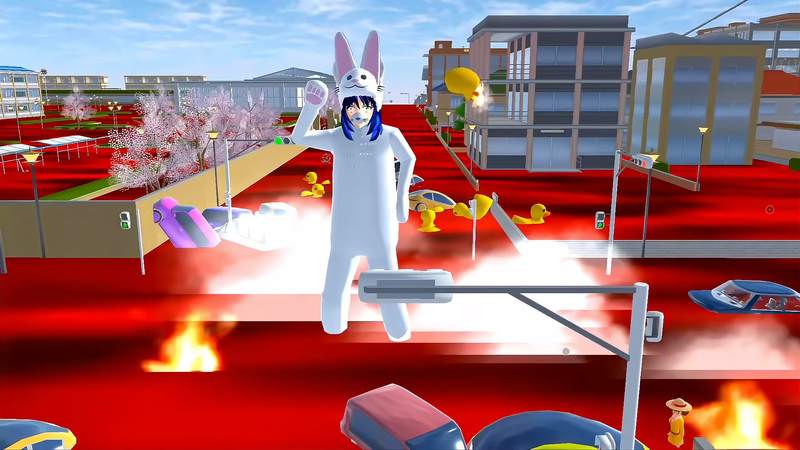 樱花校园模拟器:兔子怪变成了巨人,随意破坏小镇建筑