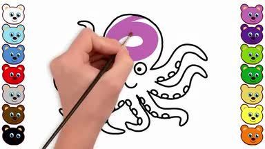 绘画教程 用简笔画画八爪鱼鲨鱼螃蟹等 边涂色边学习颜色