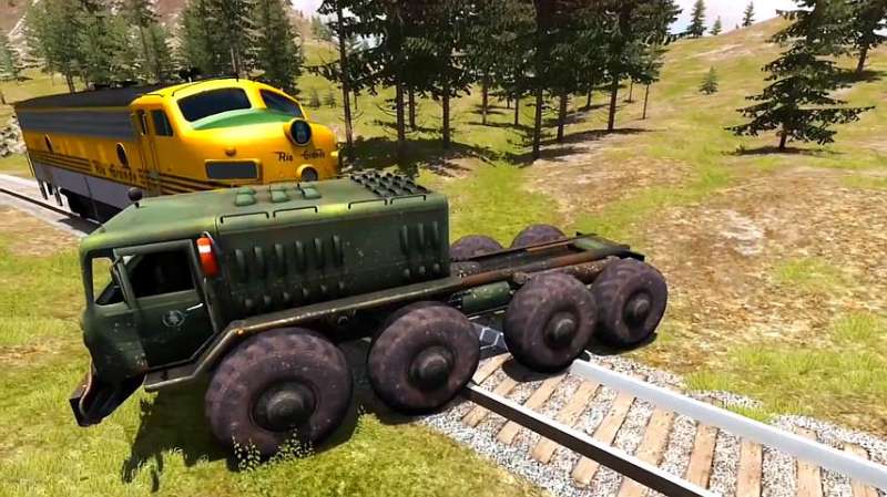 BeamNG:火车开足马力撞向横在铁轨的装甲卡车,模拟真实车祸