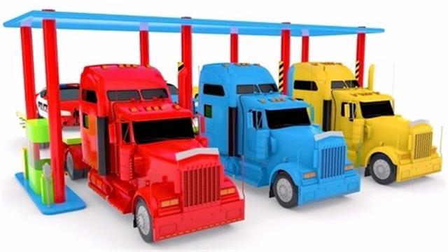 彩色的工程车运输小汽车 认识颜色和车辆 英语早教益智动画