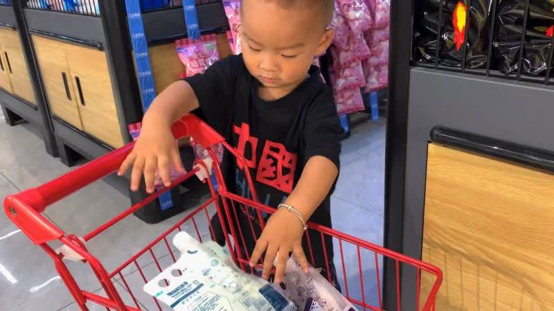 儿子第一次推小推车 疯了一样四处乱跑 碰见零食就大把地往车里装