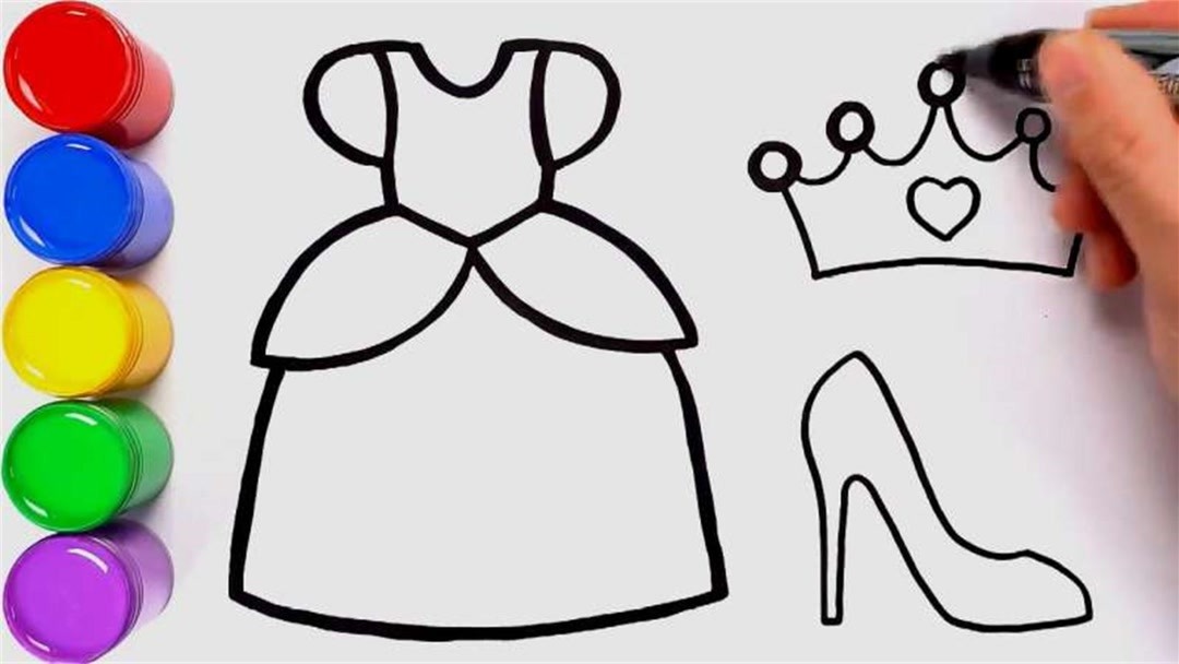简笔画:教你画公主裙和皇冠,边画边学习颜色