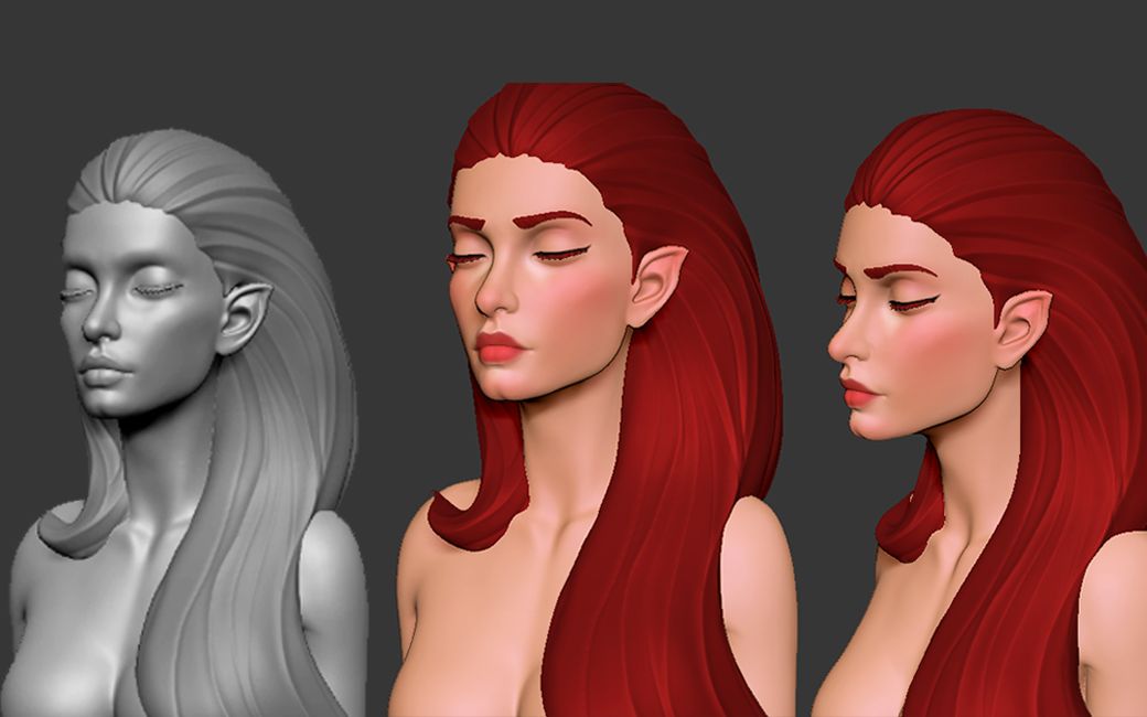 【zbrush教程】红发女人物角色建模案例教学,零基础学习人物雕刻必学...