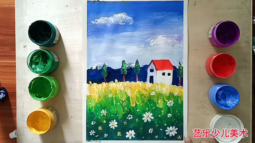 美丽的草原儿童水粉画