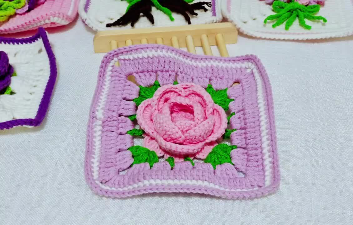 钩针编织抱枕,玫瑰花单元花片教程2