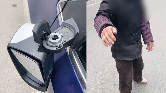 捡废品老人骑三轮车挂断路边汽车后视镜,女车主微笑安慰感大伙