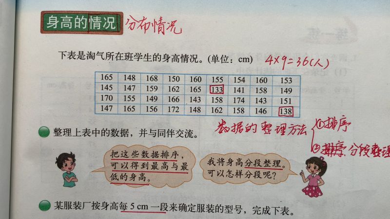 课本精讲北师大版数学六年级上册第五单元数据处理身高的情况1