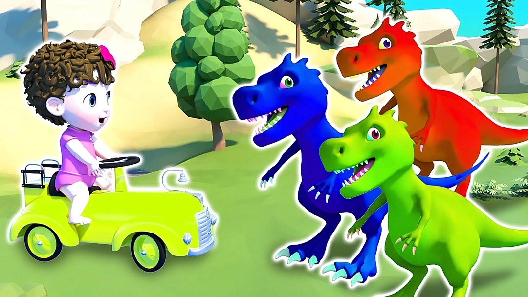 工程车益智动画:小汽车和多种彩色的恐龙