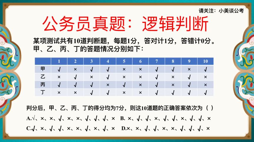公务员真题:甲乙丙丁各答10题,均得7分,10道题正确答案是什么