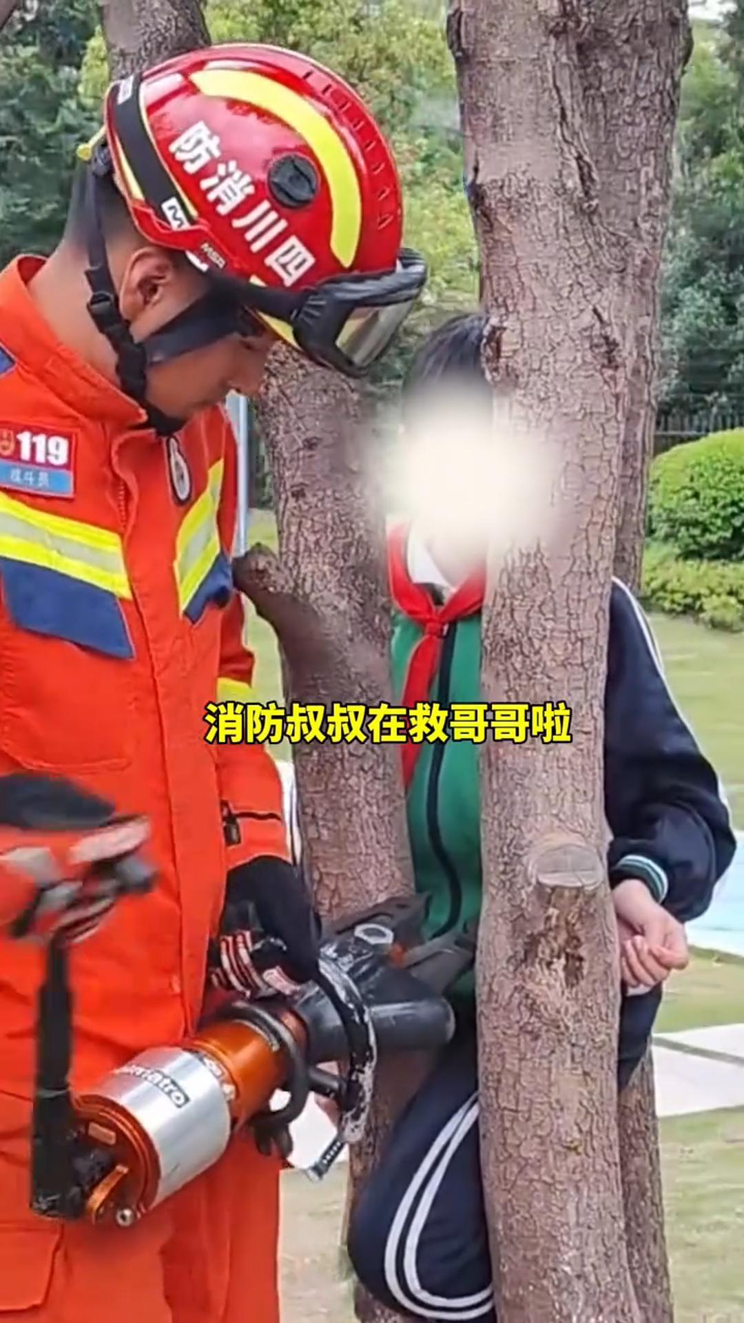 男孩被卡树杈求助消防员,遇事不要慌,先拍照