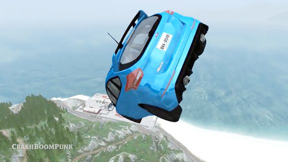 BeamNG:跑车高速飞跃高空悬崖弯道,超高长距离汽车飞跃碰撞测试