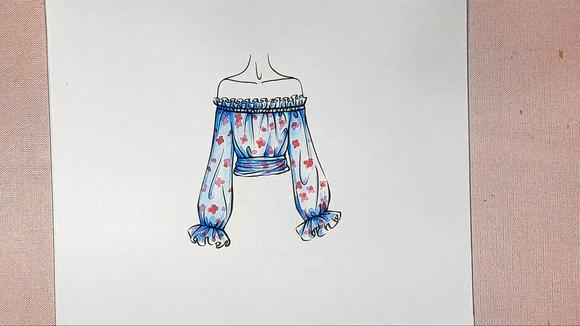 服装设计手绘学习:一字肩花上衣款式图绘画
