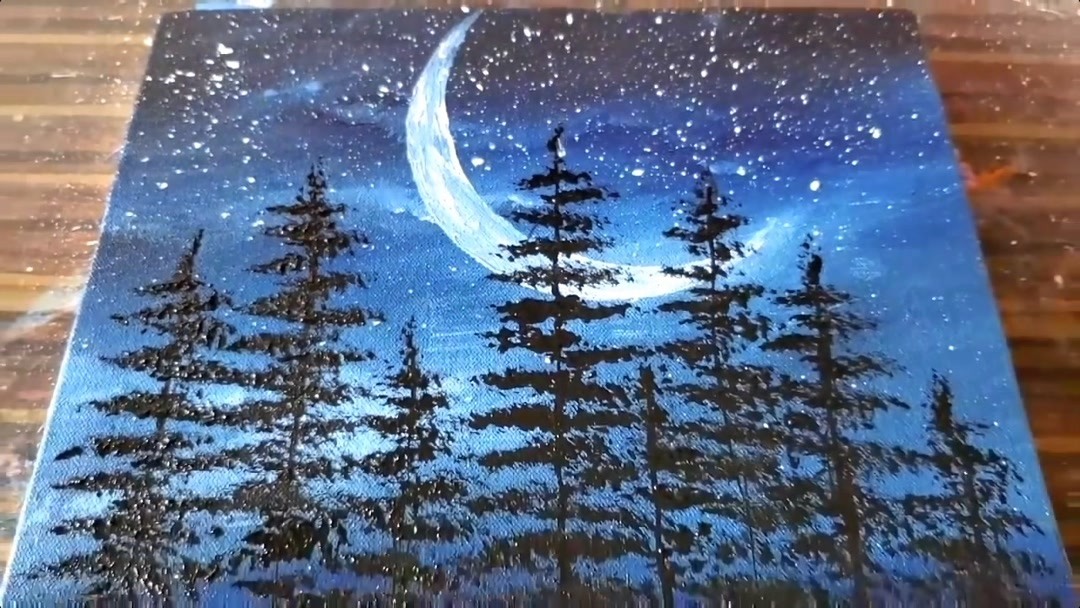 创意绘画作品,带你学习如何画松树林的弯月!