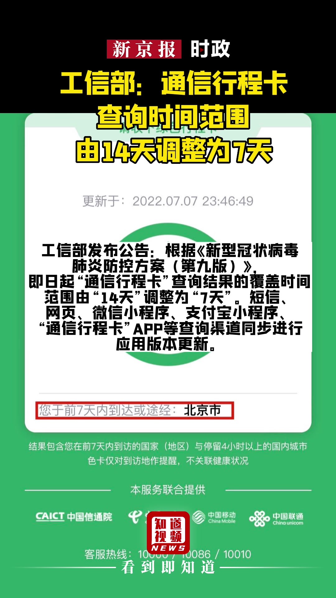 工信部:通信行程卡查询时间范围由14天调整为7天