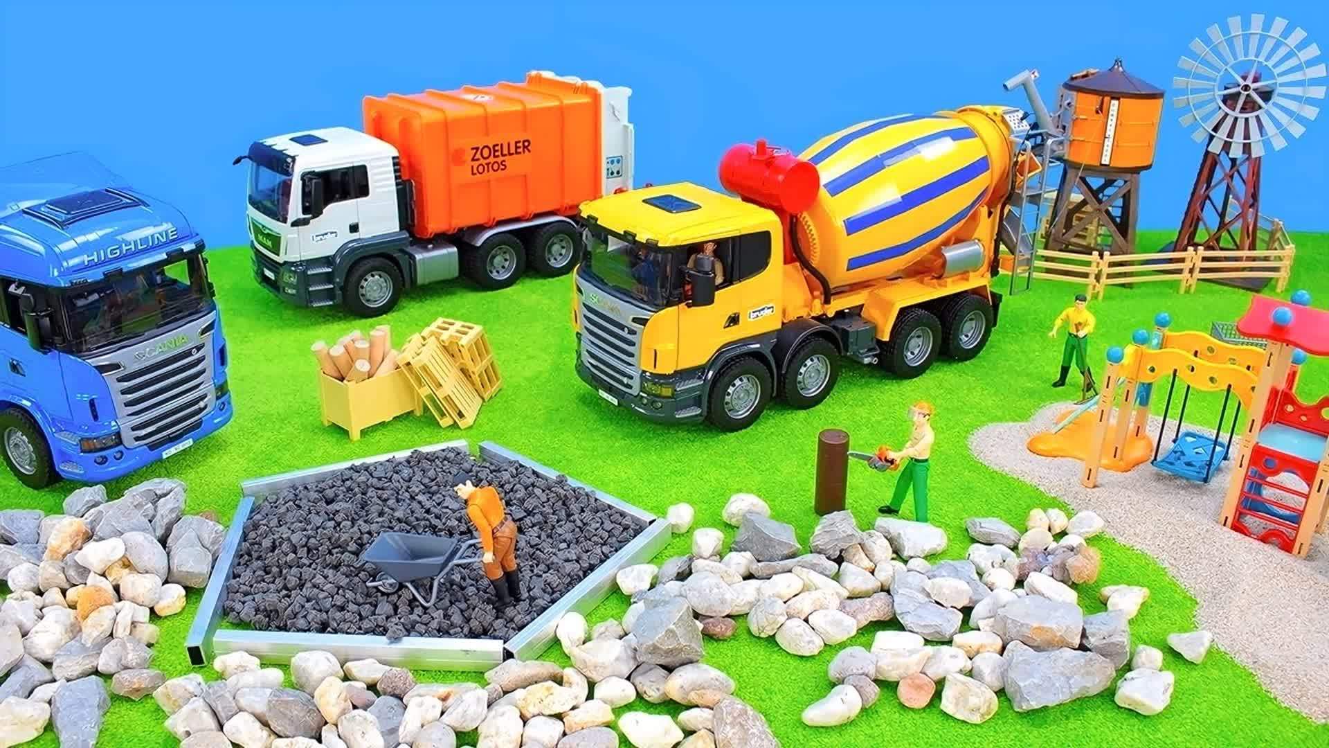 汽车动画片:组装挖掘机和混泥土车