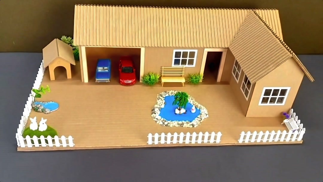 纸板模型作品,花园房屋模型的制作方法,简单又有创意!