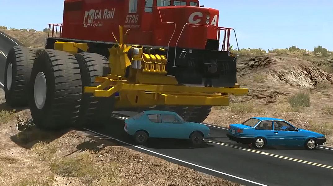 车祸模拟:车轮4米高的卡车一路碾压横放在路上的汽车,有点刺激