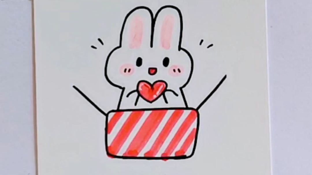 彩色简笔画 儿童画 可爱小动物礼盒兔子