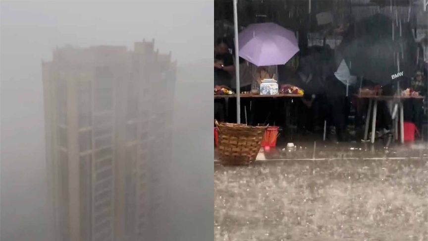 广州雷雨大风冰雹齐至:雨密如雾看不清路 大粒冰雹密集砸向地面