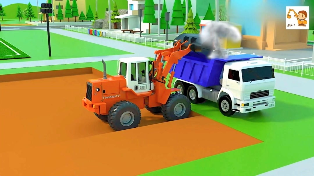 工程车动画片,推土机、搅拌车在草坪上建造篮球场